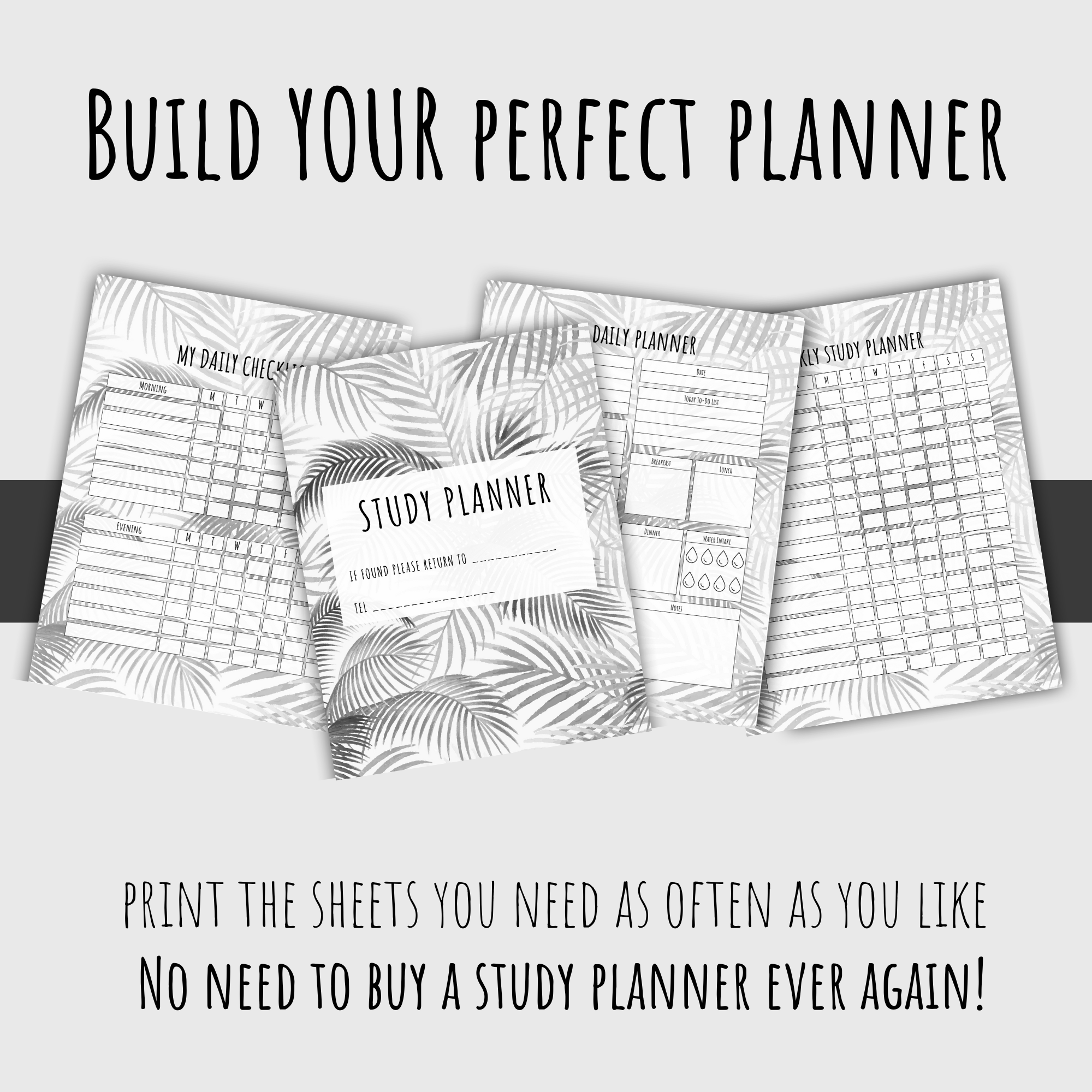 Monochrome Palm Leaves Printable Study Planner for College and ...