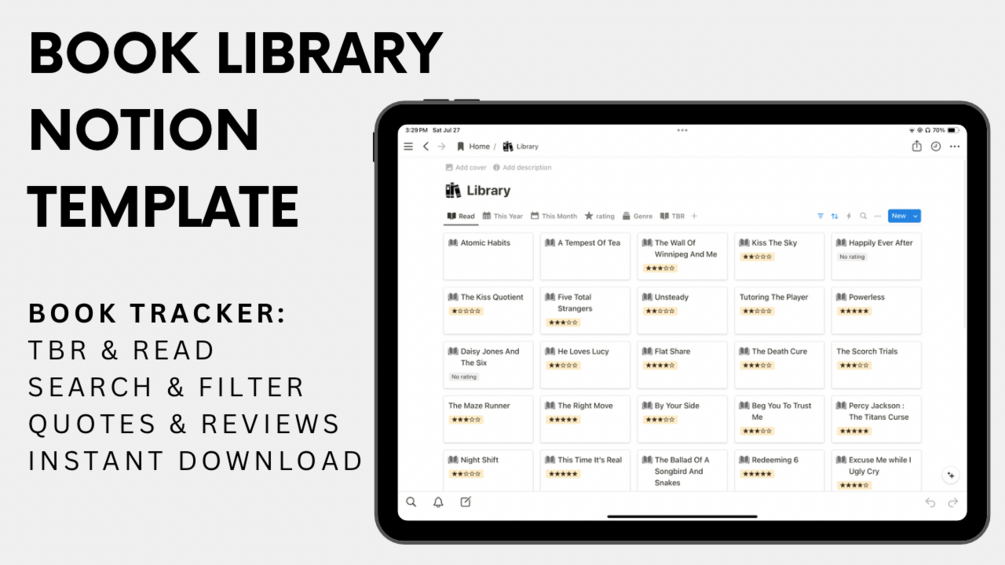 Notion Template : Book Library, book tracker, Goodreads