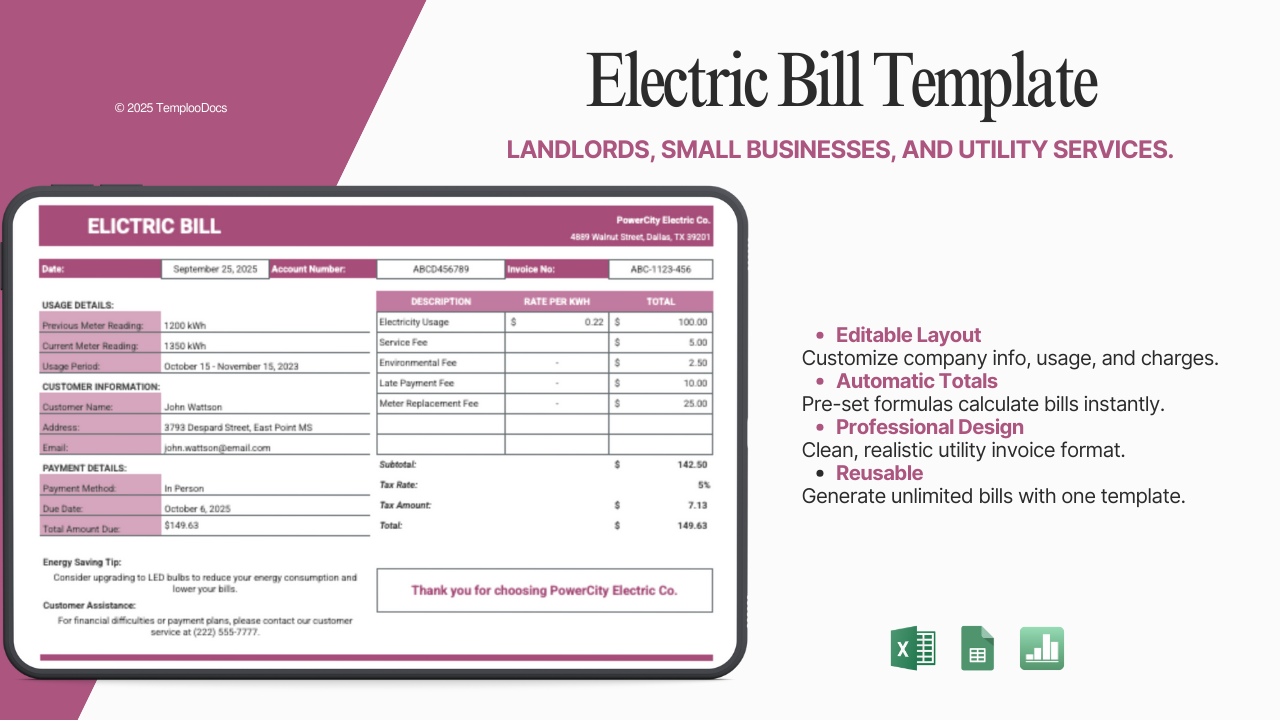 Electric Bill Template – Professional Utility Invoice