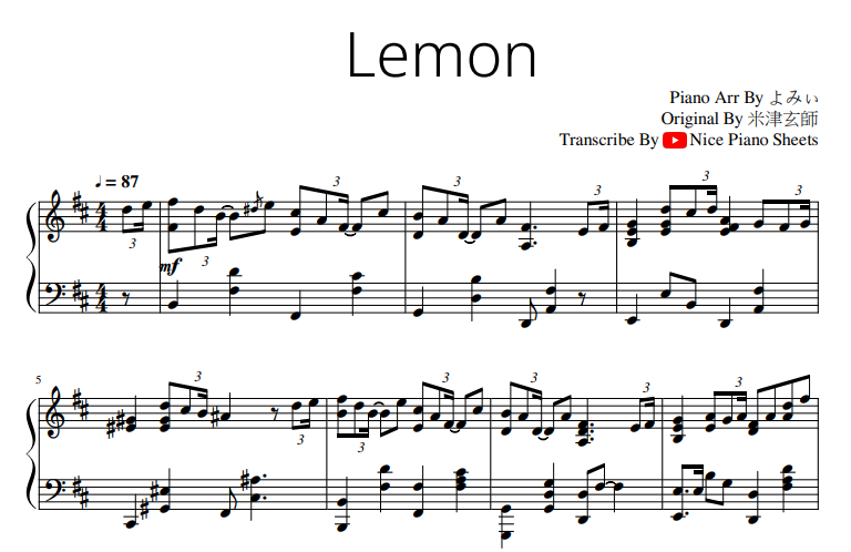 米津玄師-Lemon｜よみぃ(yomii) Ver. (Sheet music PDF By Nice Piano Sheets)