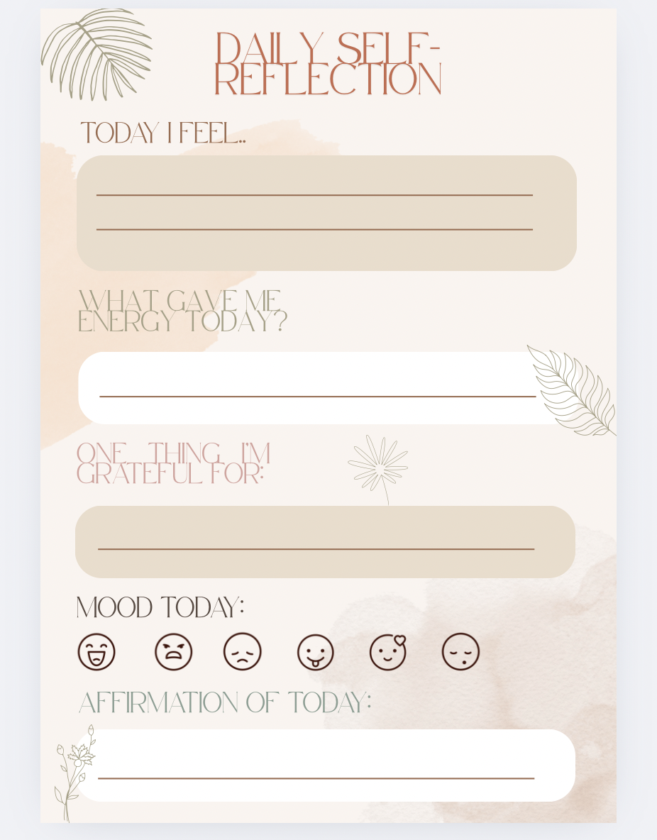 Daily Self-Reflection Journal Page – Boho Printable Mental Health Tracker