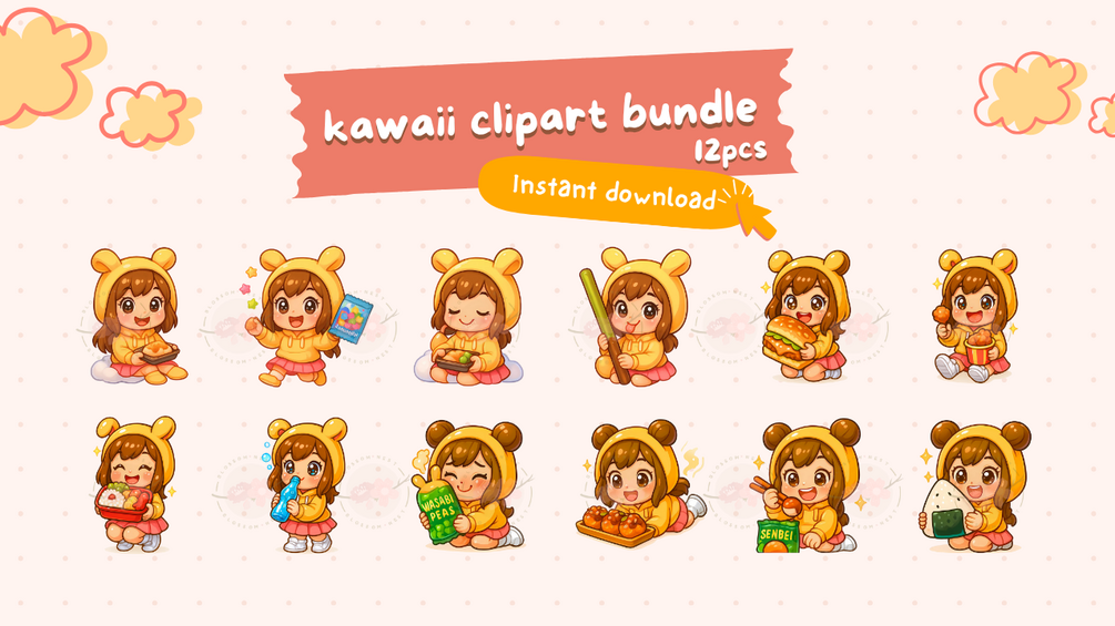 Kawaii Japanese Snack Girl Clipart Bundle – 12 Cute Chibi Food PNGs for ...