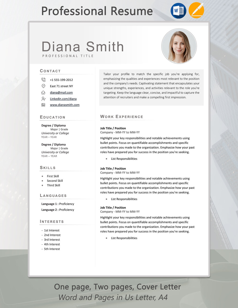 Professional CV Template for Ms Word and Apple Pages, Creative resume ...