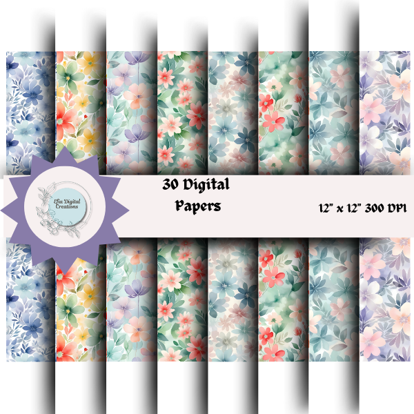 30 Floral Digital Papers, 12x12in Scrapbook Paper, 300 DPI, Printable ...