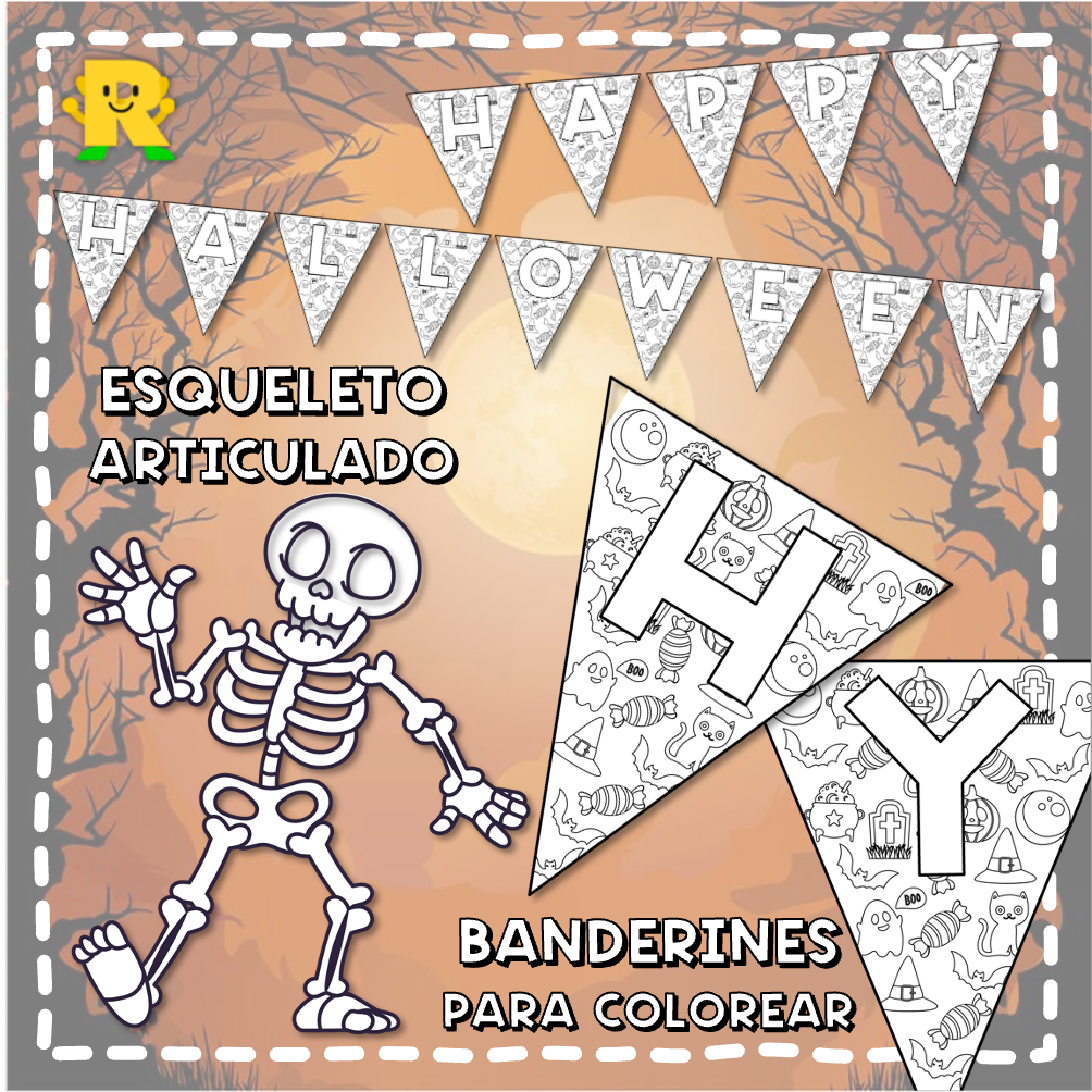 DECORACIÓN DE HALLOWEEN: Banderines y esqueleto articulado (incluido en ...