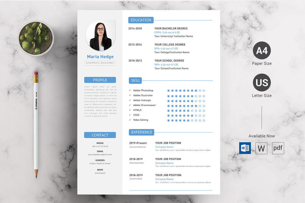 A4 & US Letter CV and Resume Template for Microsoft Word