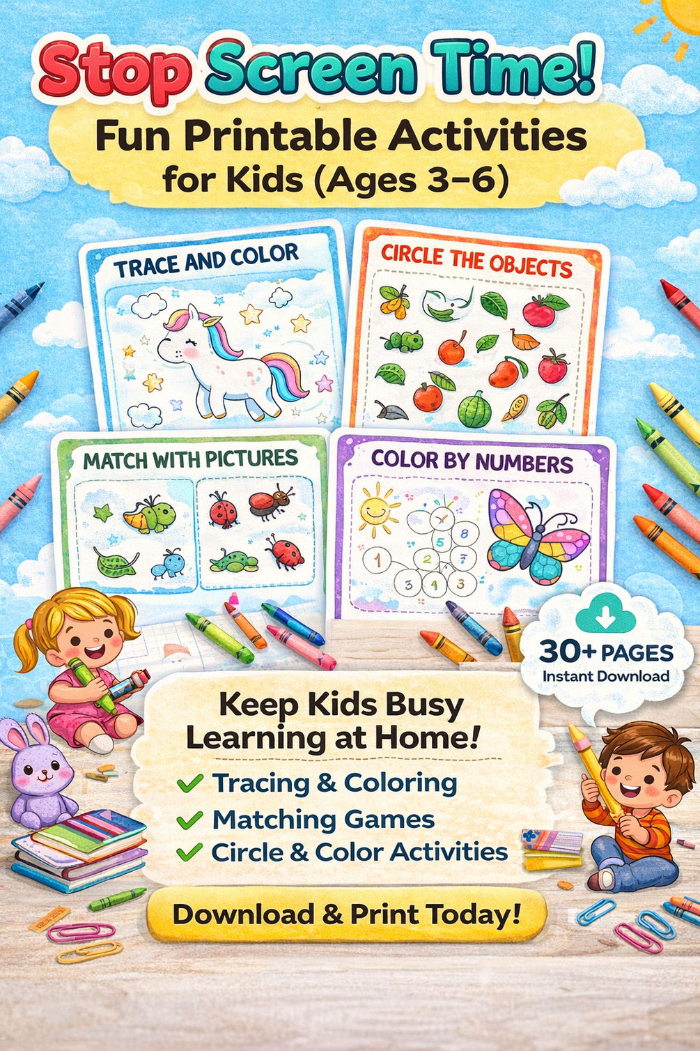 Kids Coloring & Activity Book Printable PDF | 30+ Pages | Trace, Color ...
