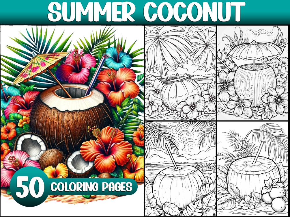 Summer Coconut Grayscale Coloring Pages Printable for Adults, PDF File ...