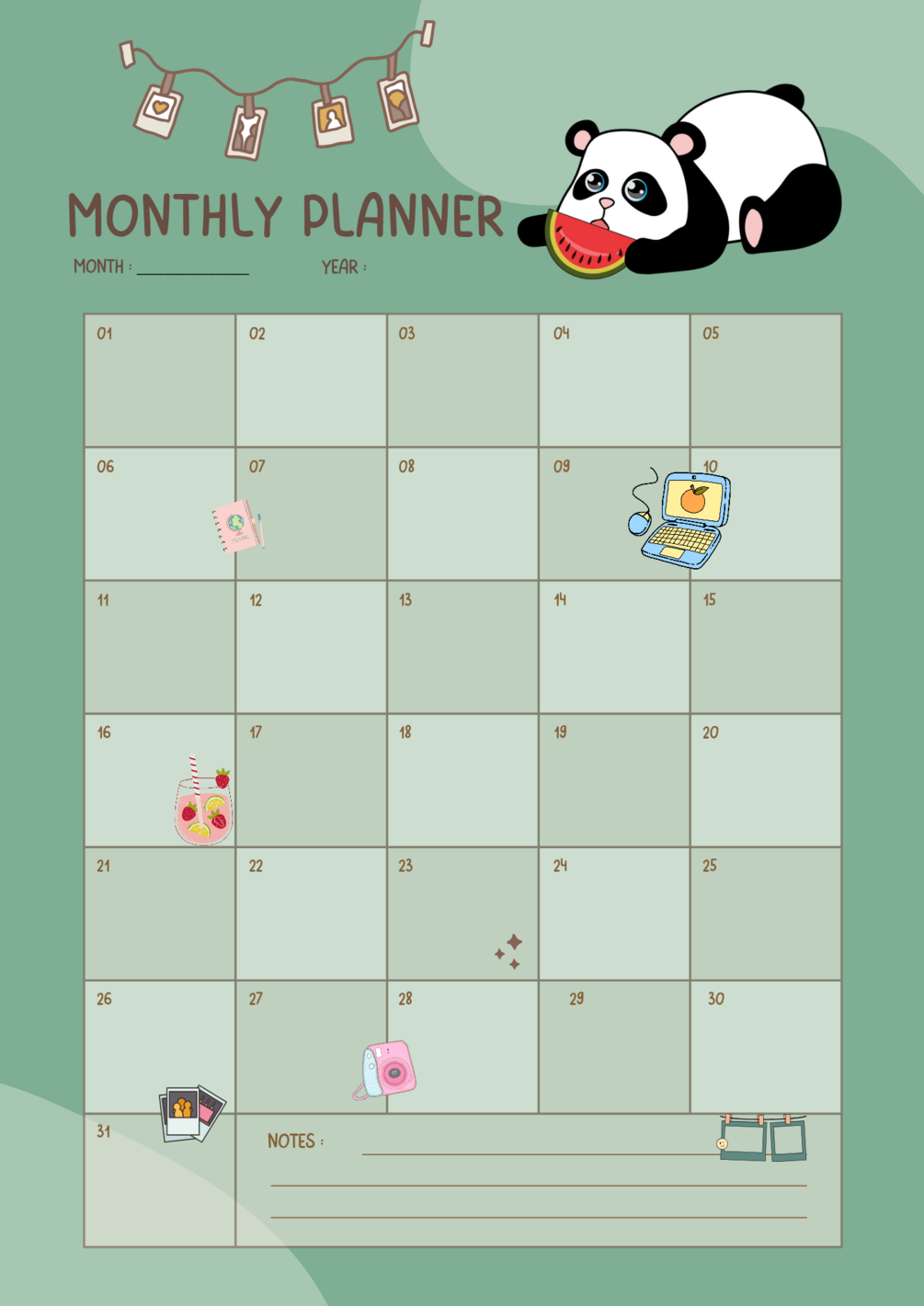 🐼 Cute Monthly Planner Template | Printable & Digital Calendar PDF