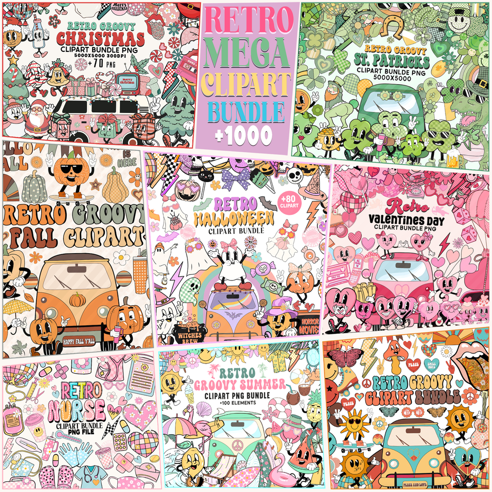 Retro Mega Bundle Clipart, Groovy Christmas Clipart, Watercolor Clipart ...