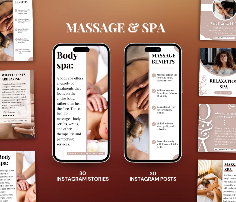 30 Massage & Spa Instagram Post and Stories Canva Templates