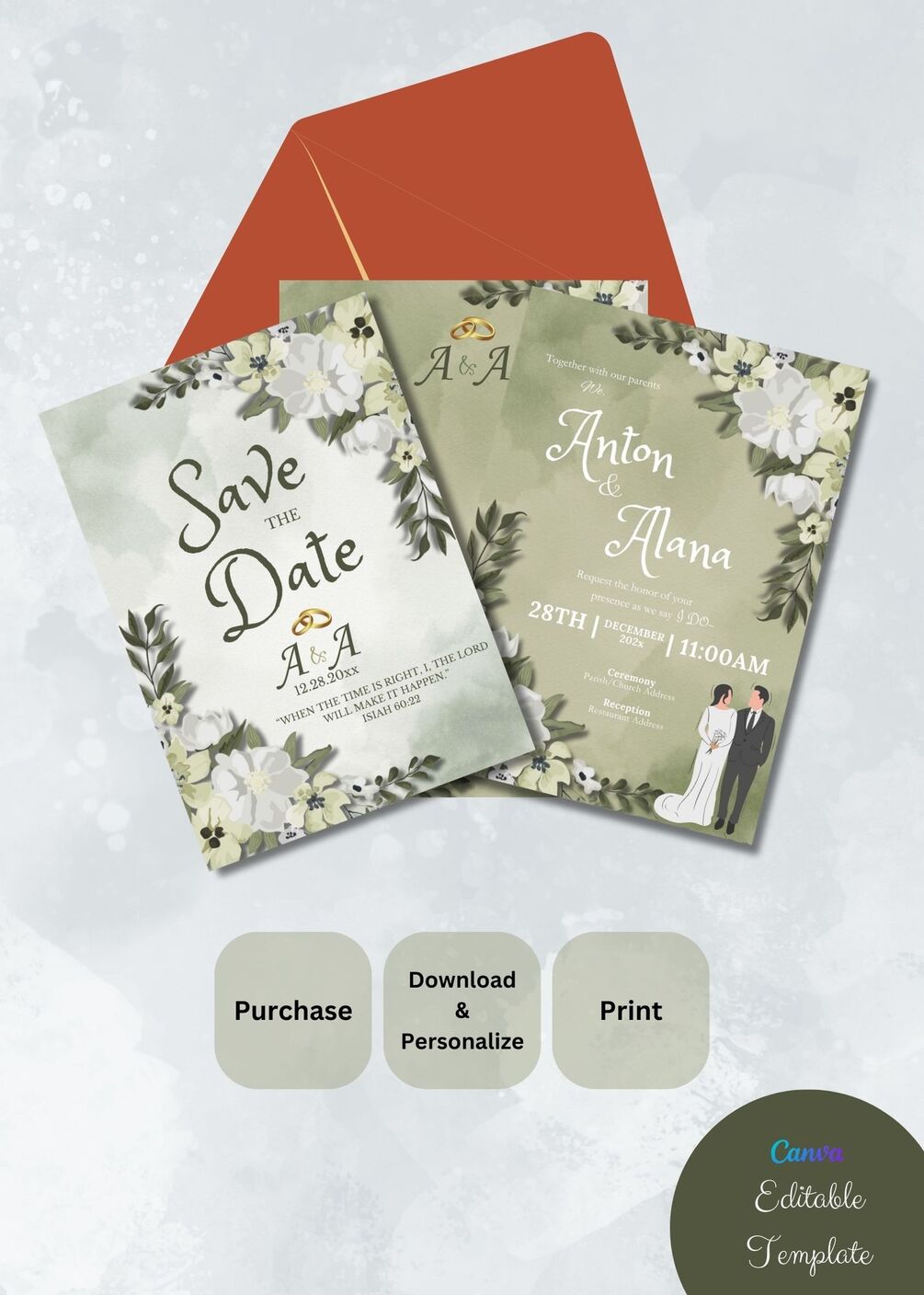 #1 Civil Wedding White Green Floral Wedding Invitation, Printable ...
