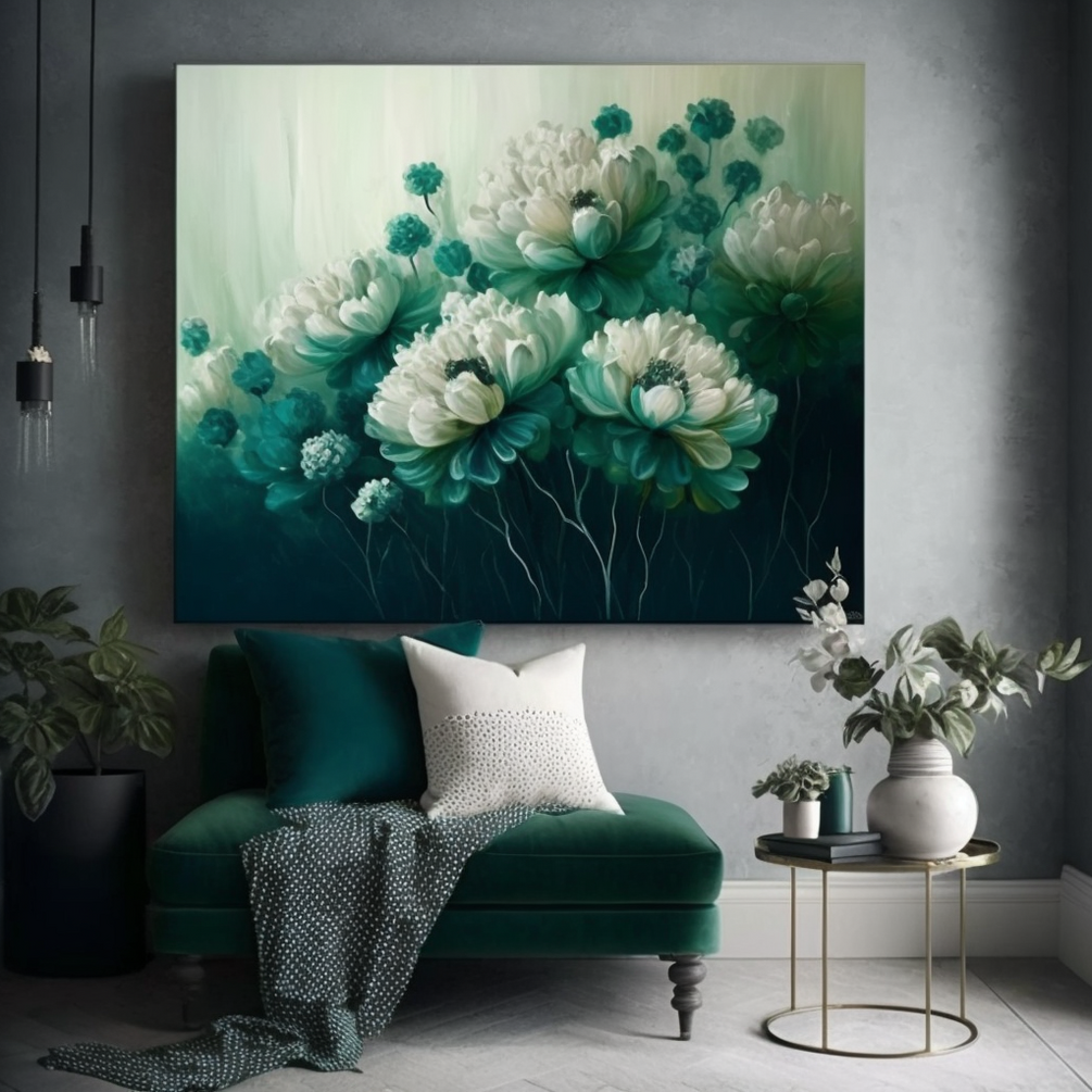 Original Abstract Green Flowers Oil Painting on Canvas