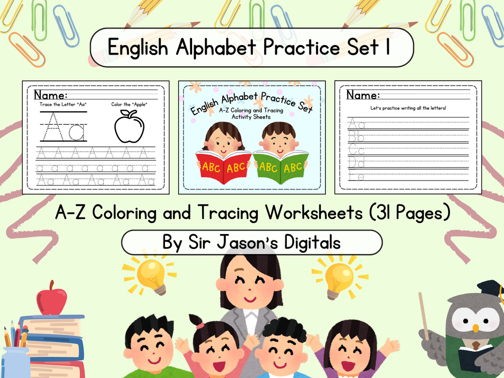 English Alphabet Practice Set 1 (A-Z Coloring and Tracing Worksheets)