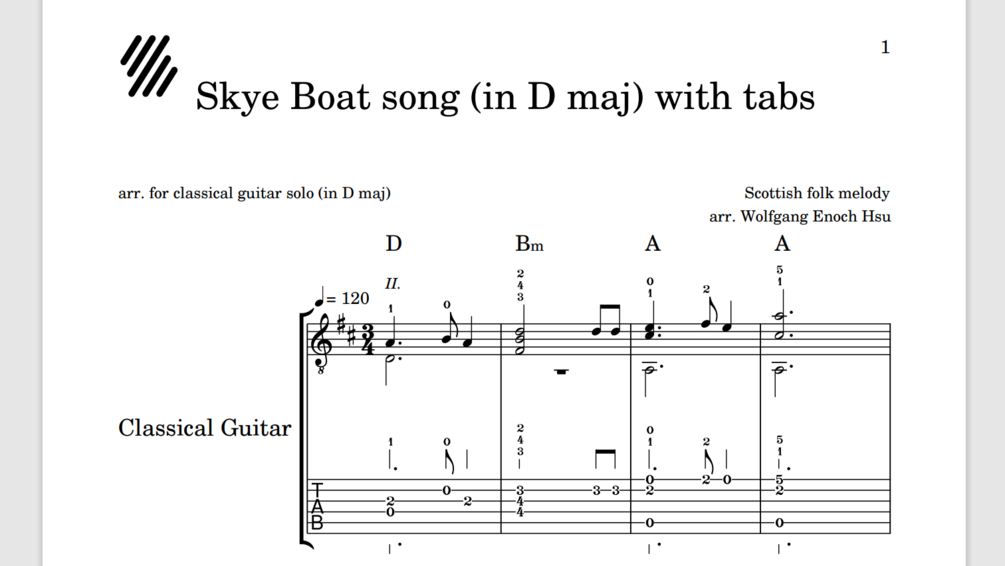 Skye Boat Song (in D maj) guitar sheet music