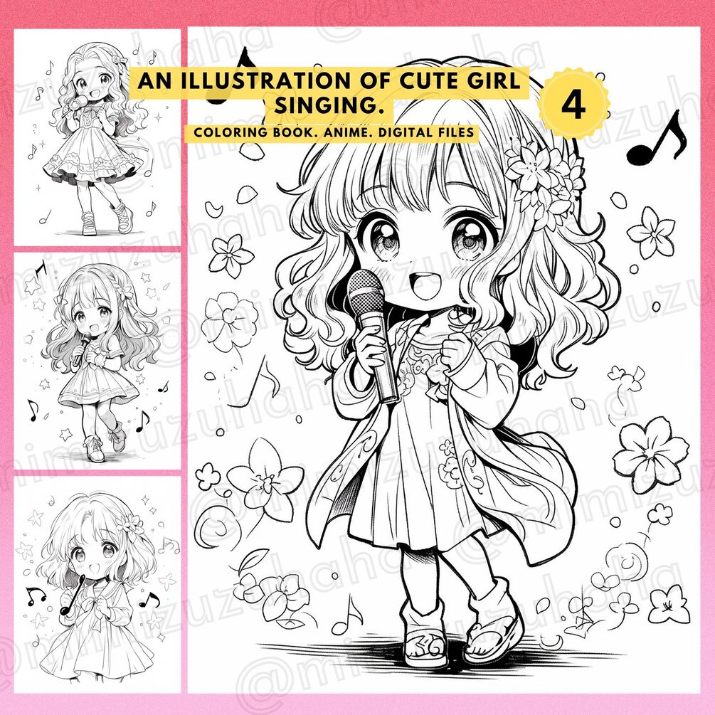 An Illustration of Cute Girl Singing. Coloring Book. Anime. Digital ...