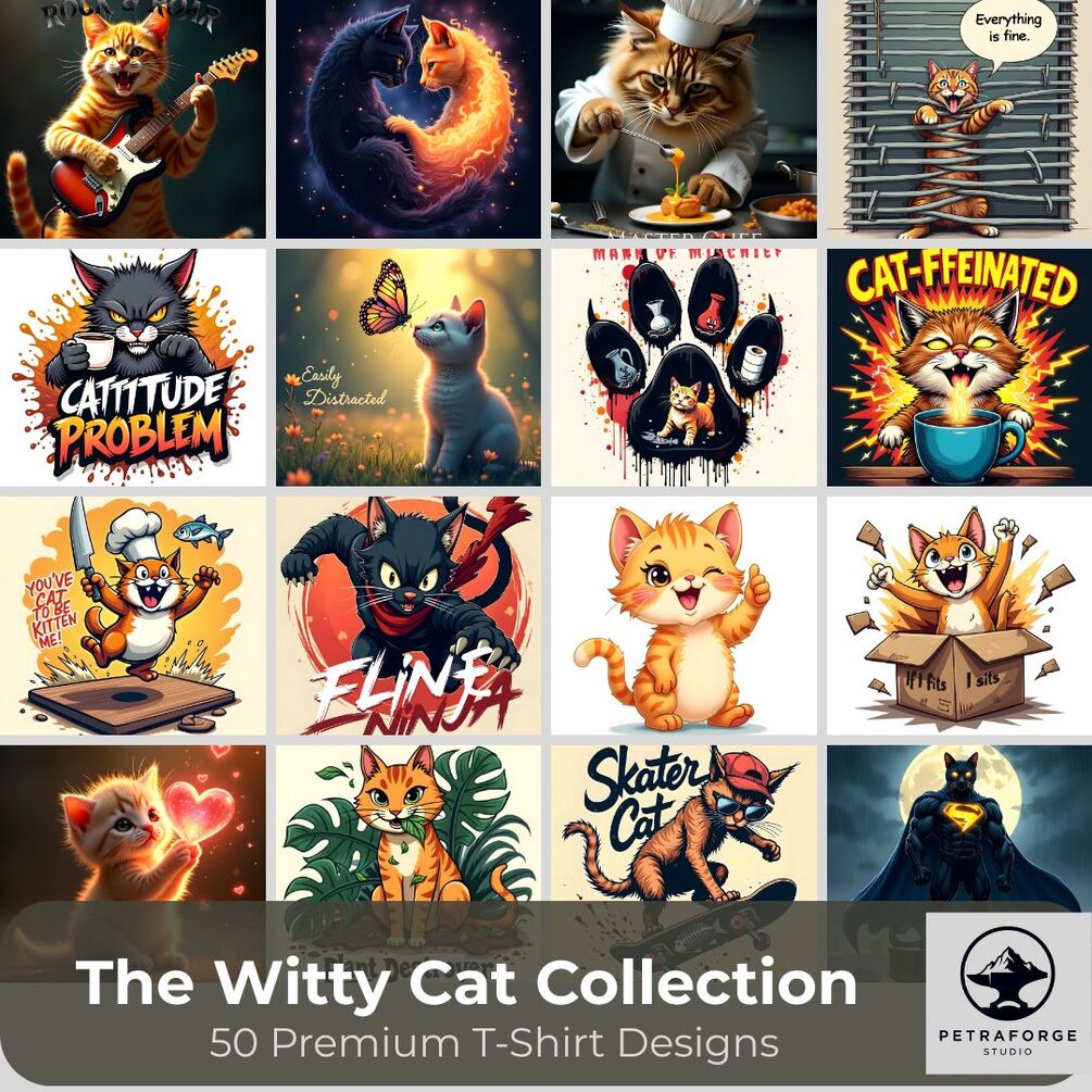 The Witty Cat Collection: 50 Premium T-Shirt Designs (PNG Pack)