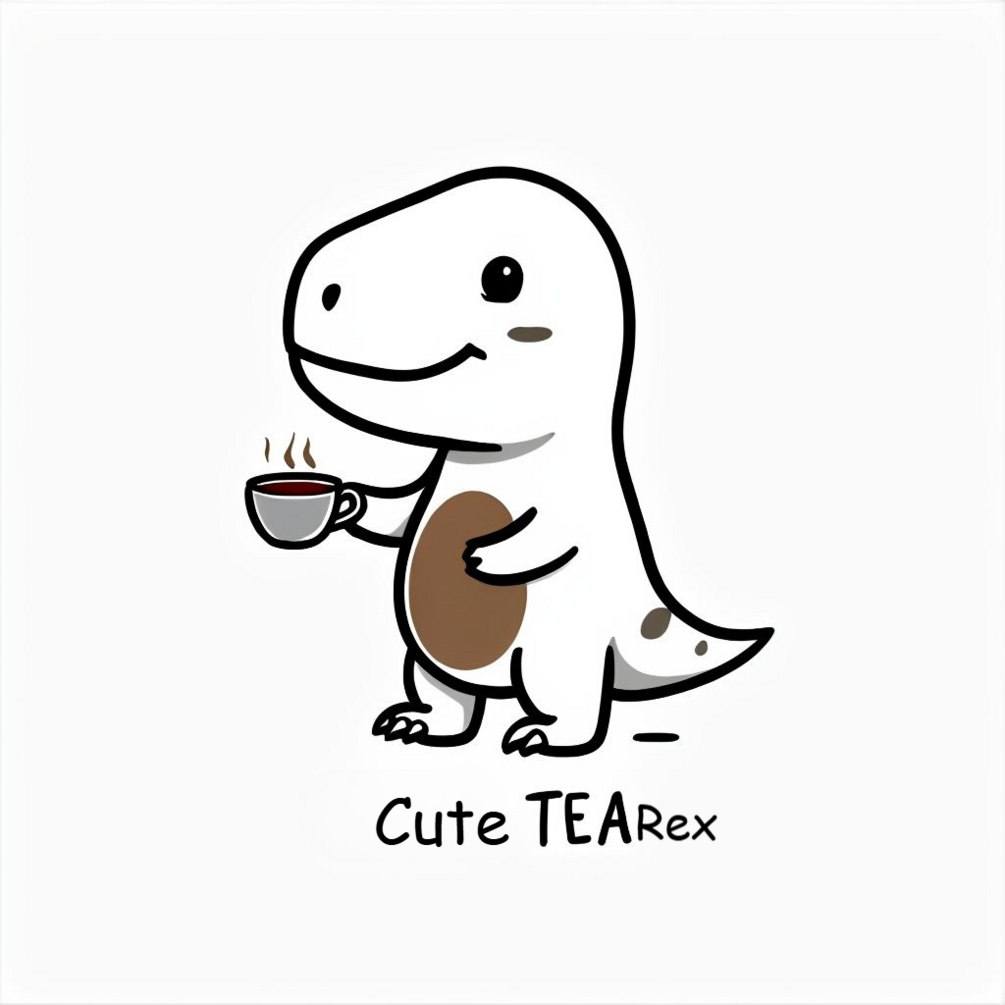 Cute Minimalist Puppy T-Rex Enjoying Tea With Text