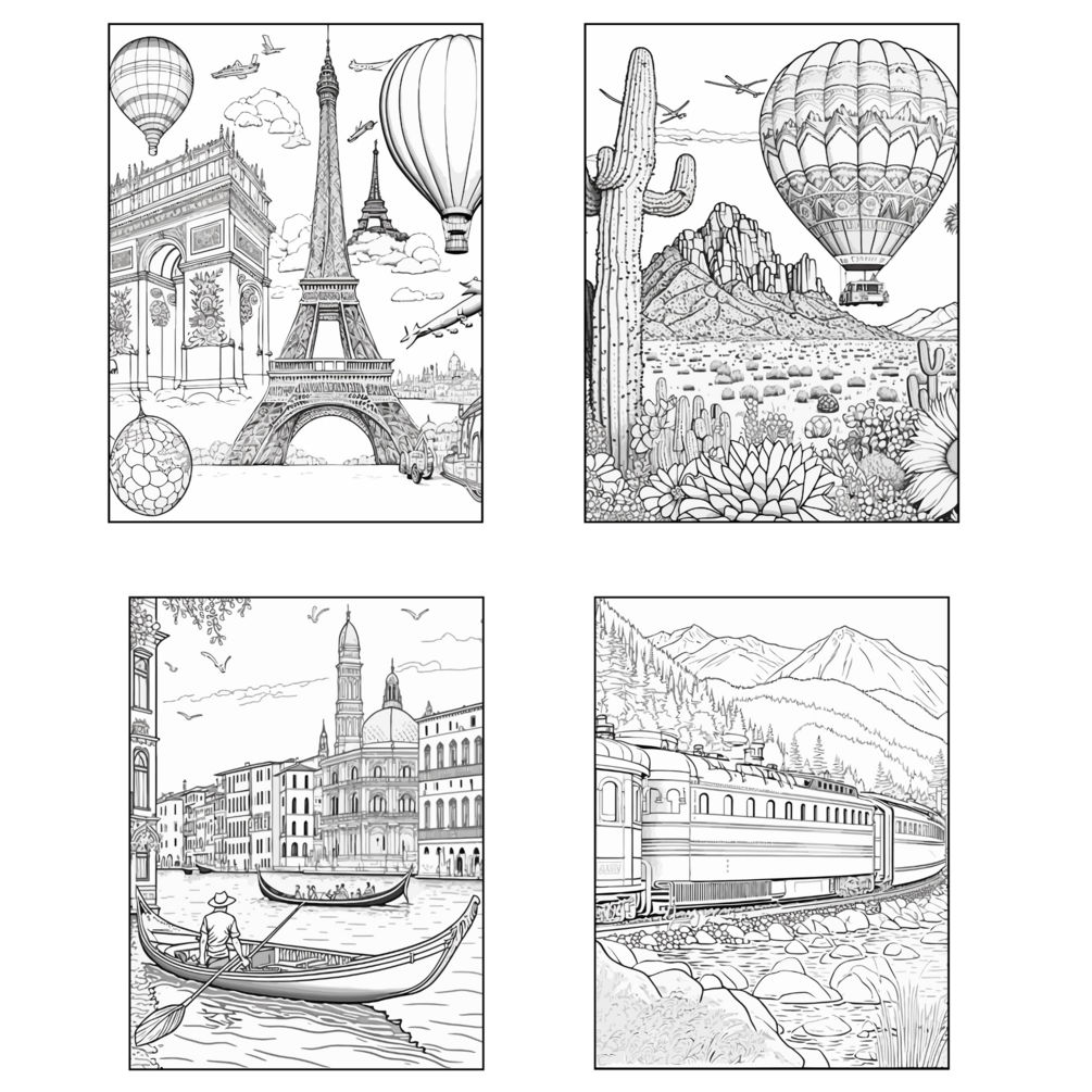 Travel Coloring Book Pages : 100 High-Resolution 300 DPI JPG Images of ...
