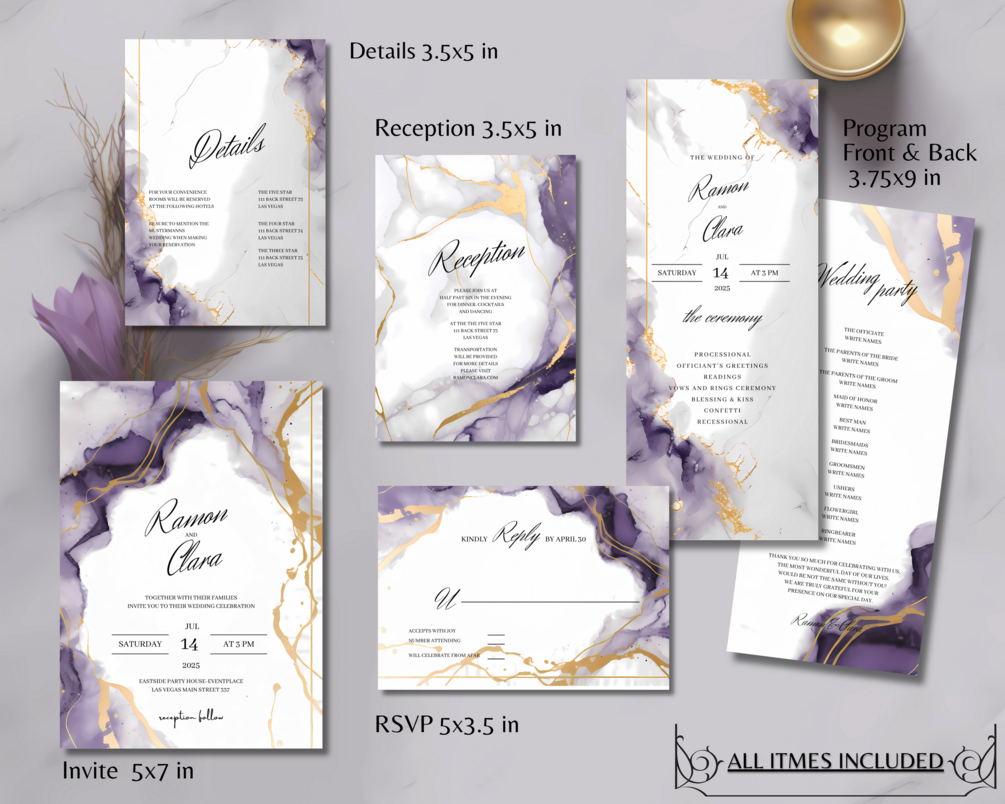 Marmor Wedding Invitation Template, Gold White Purple Wedding Invite ...