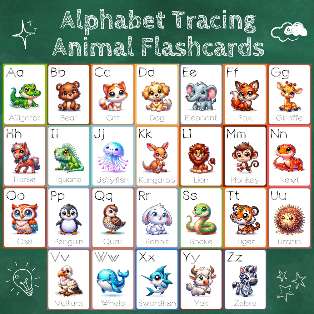 Alphabet Tracing Flashcards, Animals Themed Printable Flashcards A-Z