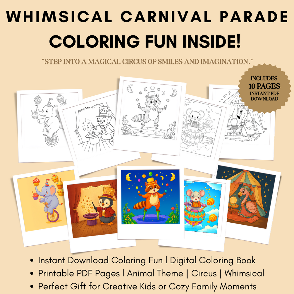 Whimsical Carnival Parade – Printable Animal Coloring Book for Kids ...