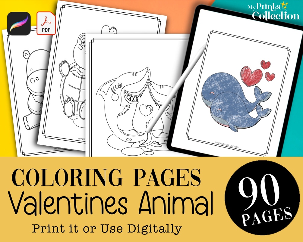 90 Cute Animals Valentines Coloring Book Pages | Procreate Coloring ...