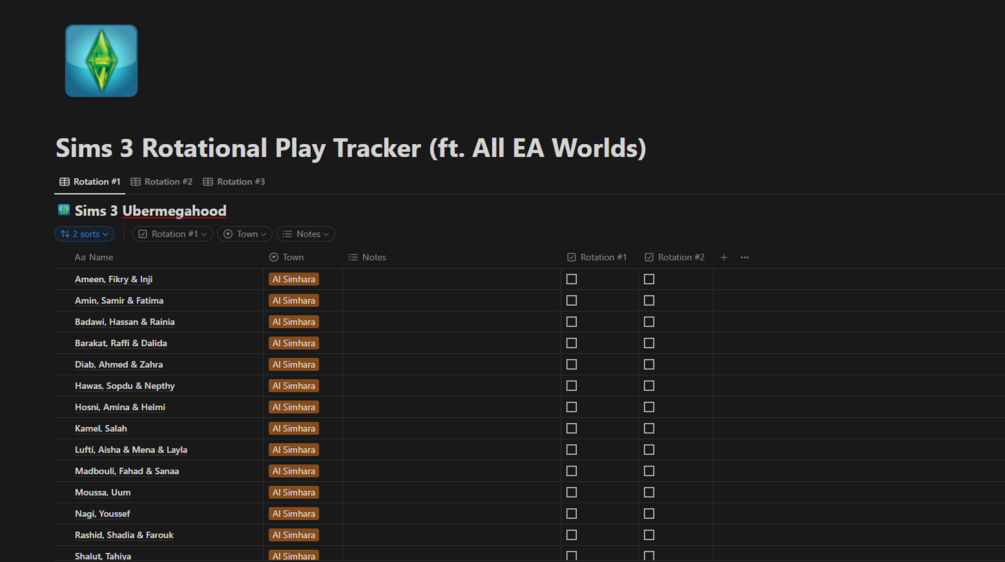 Sims 3 Rotational Play Tracker ft. All EA Worlds (Notion Template)
