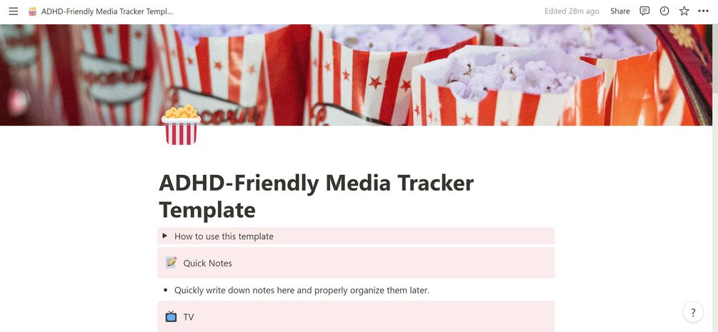 ADHD-Friendly Media Tracker Notion Template