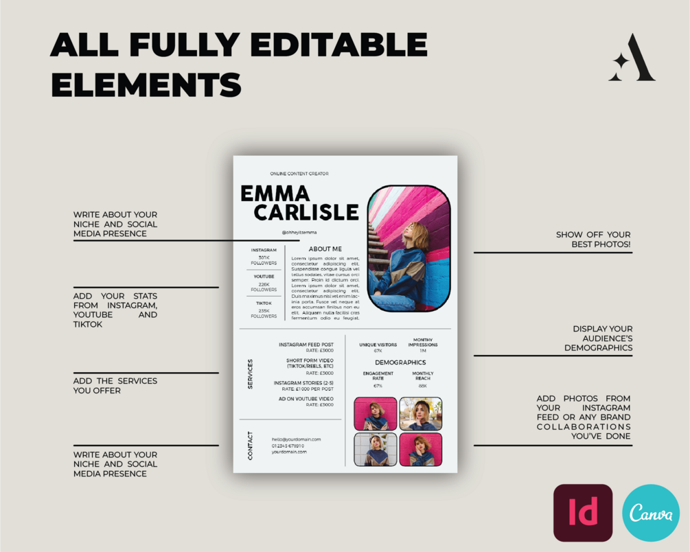 One Page Media Kit for Influencers | Social Media Kit | Branding Kit ...