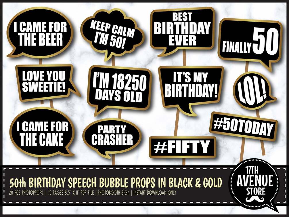 50th Birthday Speech Bubble Props in Black and Gold