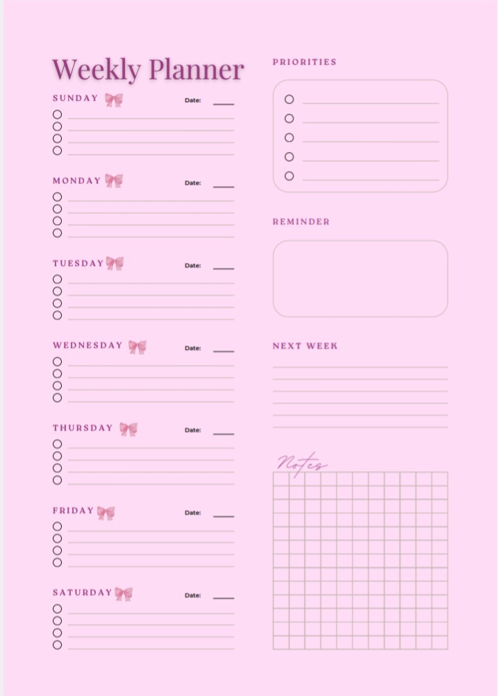 Cute purple minimalist weekly planner