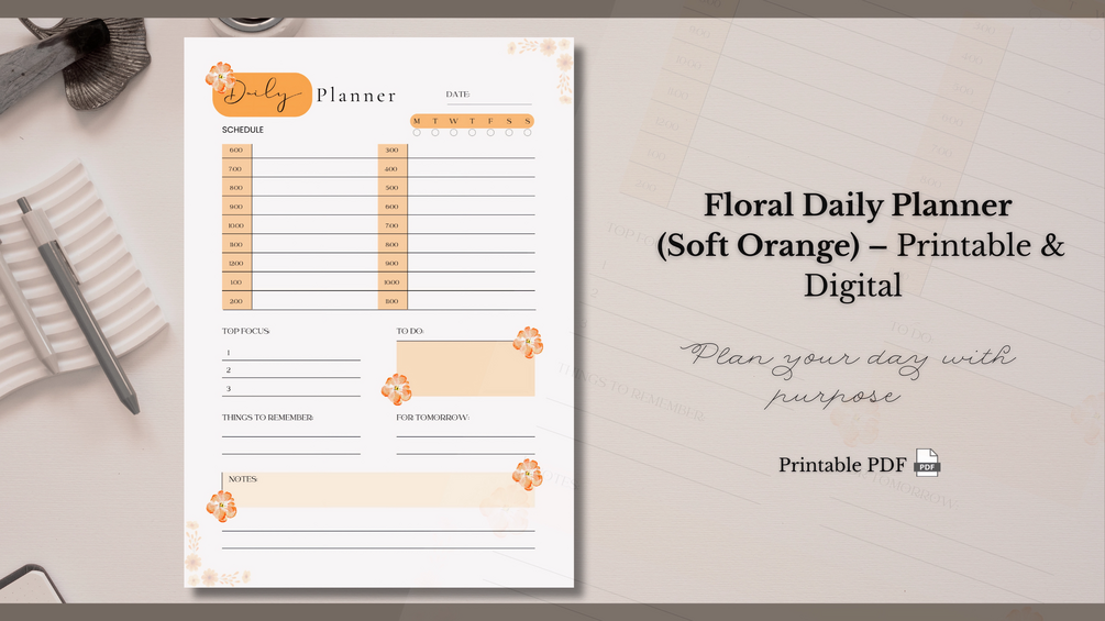 Floral Daily Planner (Soft Orange) – Printable & Digital