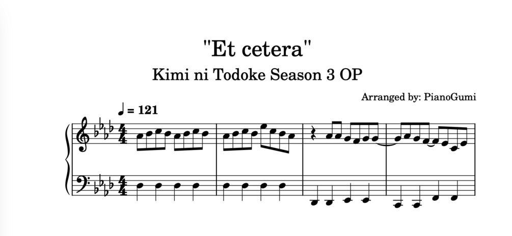 Kimi ni Todoke Season 3 OP - "Et cetera" - EASY Piano Sheet Music