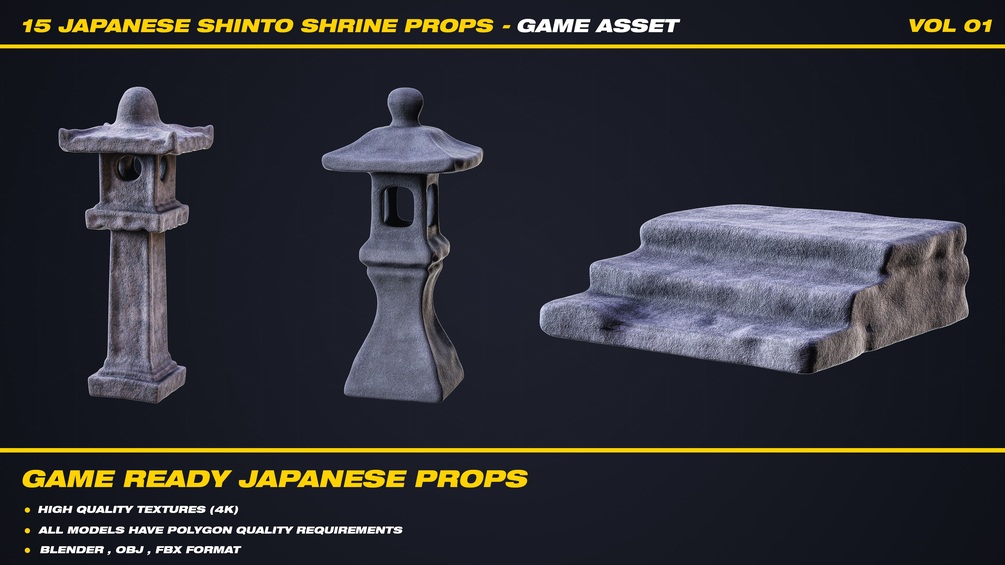 15 Japanese Shinto Shrine Props - VOL 01 ( Game Asset )