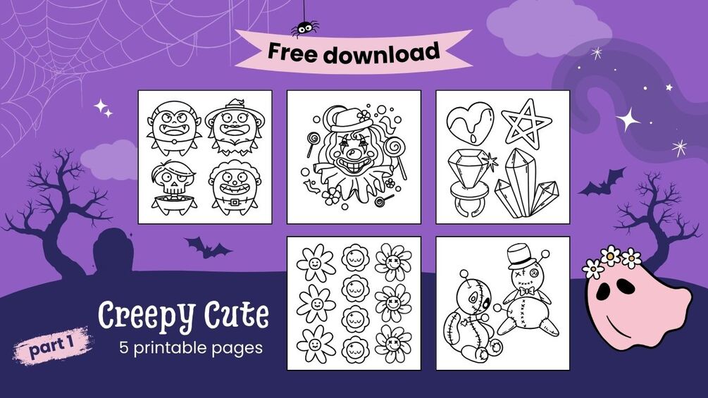 Spooky Cute (part 1) - 5 Coloring Pages - Free Digital Download - Print ...