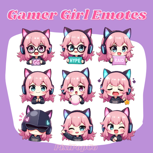 Cute Twitch Gamer Girl Emotes | Kawaii Pink Hair & Cat Ear Headphones ...