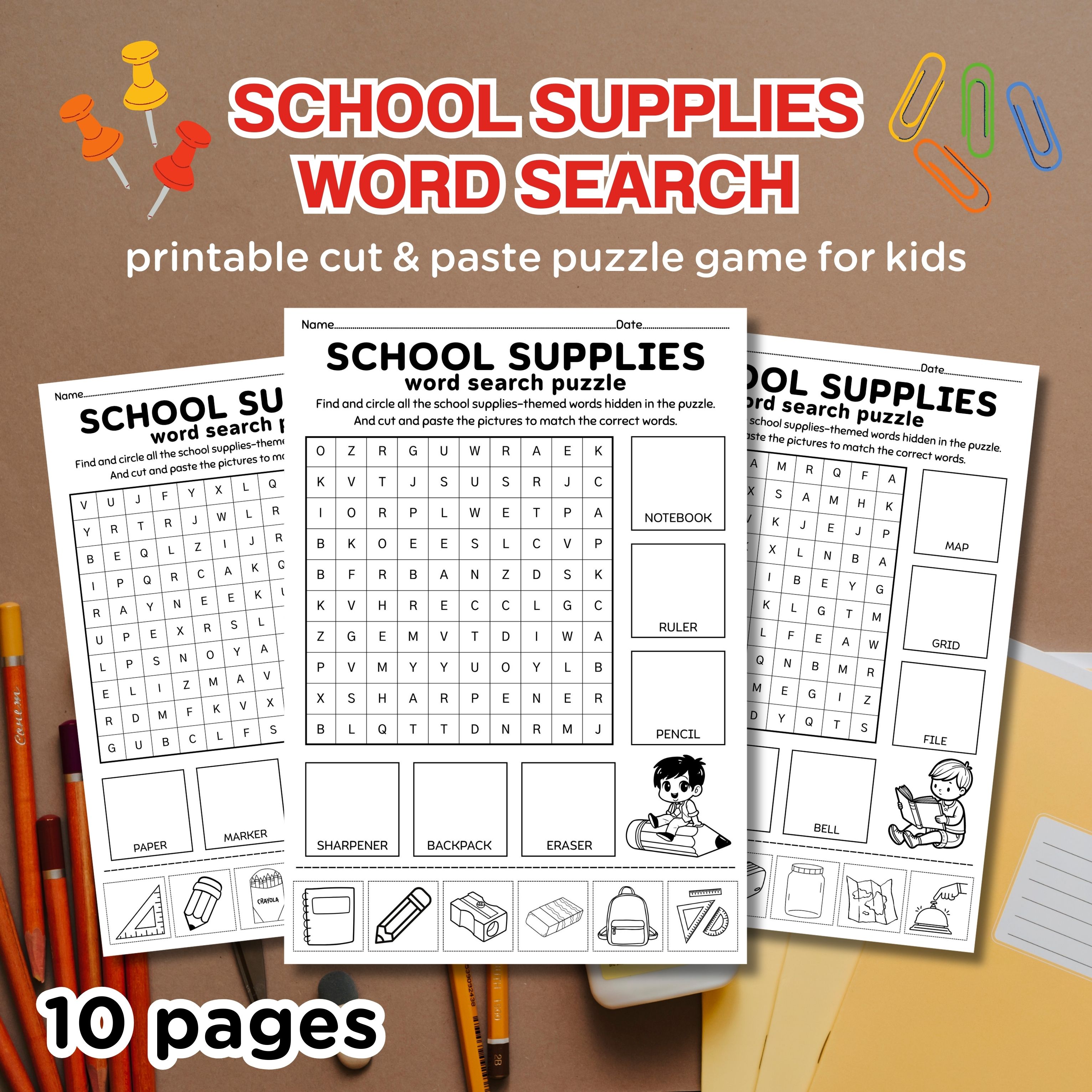School Supplies Word Search Puzzle for Kids, Back to School Activity ...