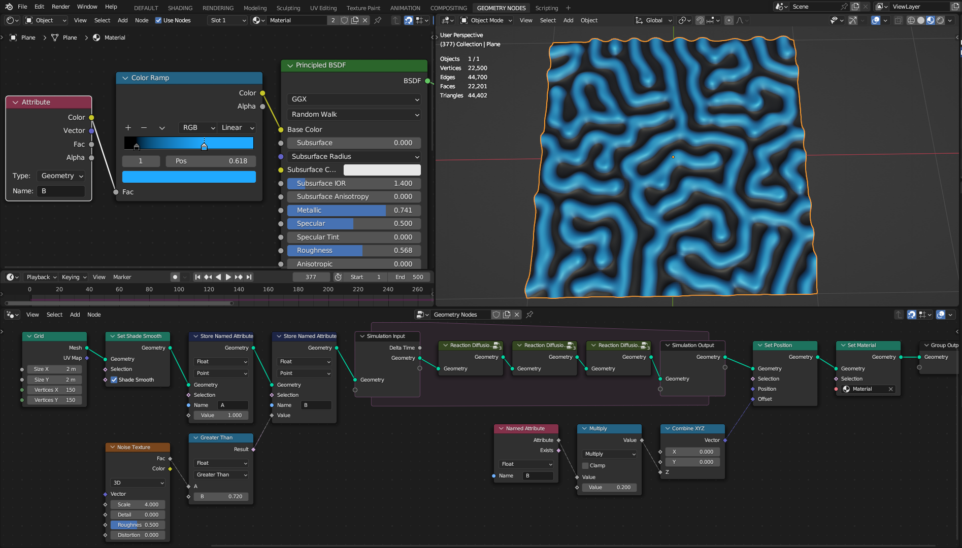 Blender 3.6+ Geometry Nodes Reaction Diffusion Solver