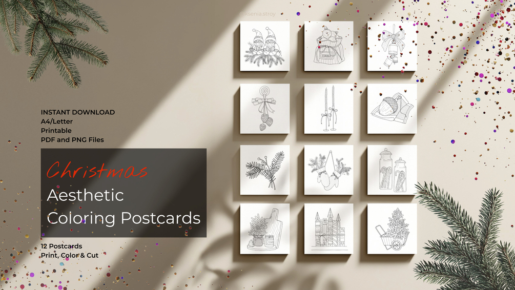 Printable Christmas Coloring Postcards PDF/PNG – 12 hand-drawn holiday ...