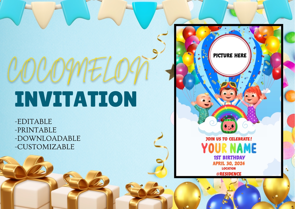 Editable cocomelon kids birthday party invitation template (PSD)