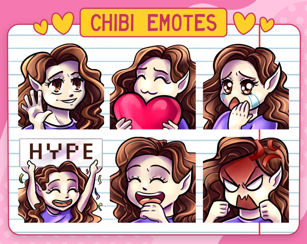 12 Curly Brown Hair Chibi Girl Emotes