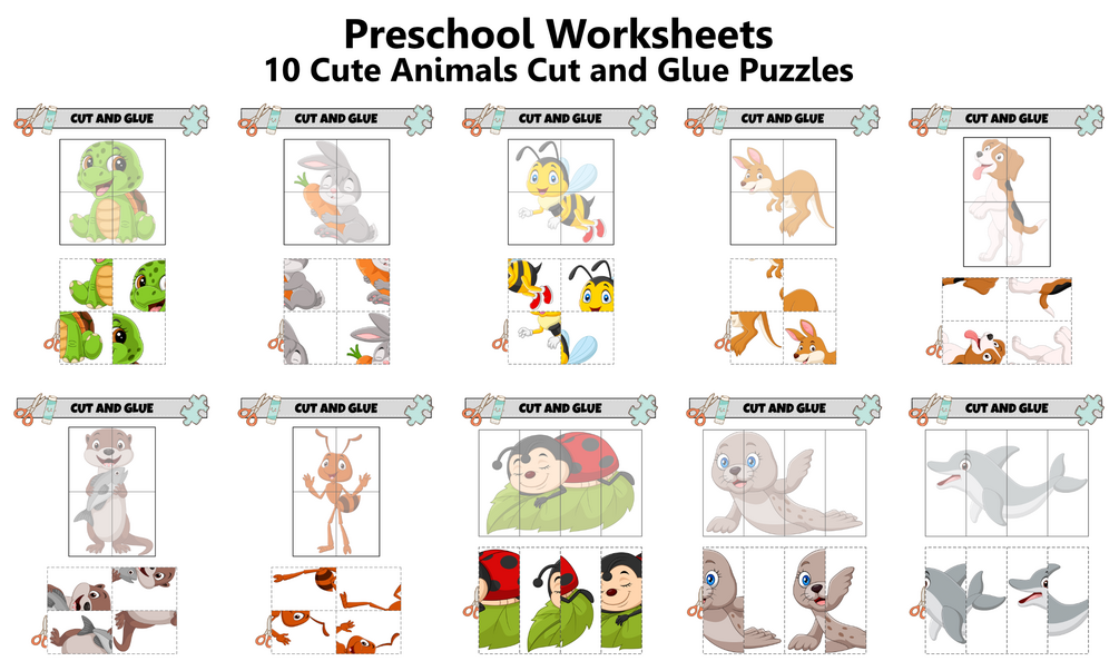 Preschool Worksheets - 10 Cute Animals Cut and Glue Puzzles