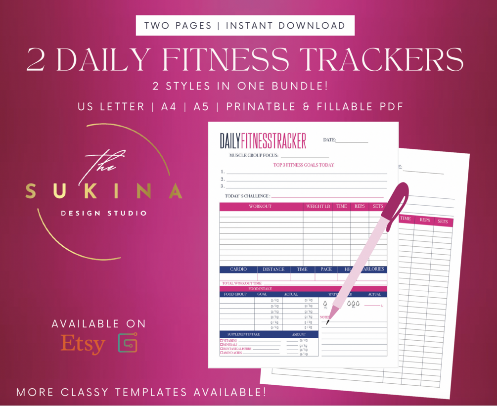 DAILY FITNESS Tracker printable (BUNDLE).Daily Productivity Planner ...