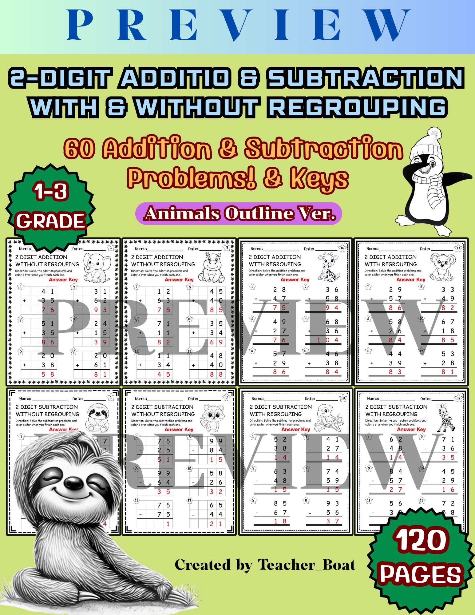 2-Digit Addition & Subtraction with and without Regrouping | Animals ...
