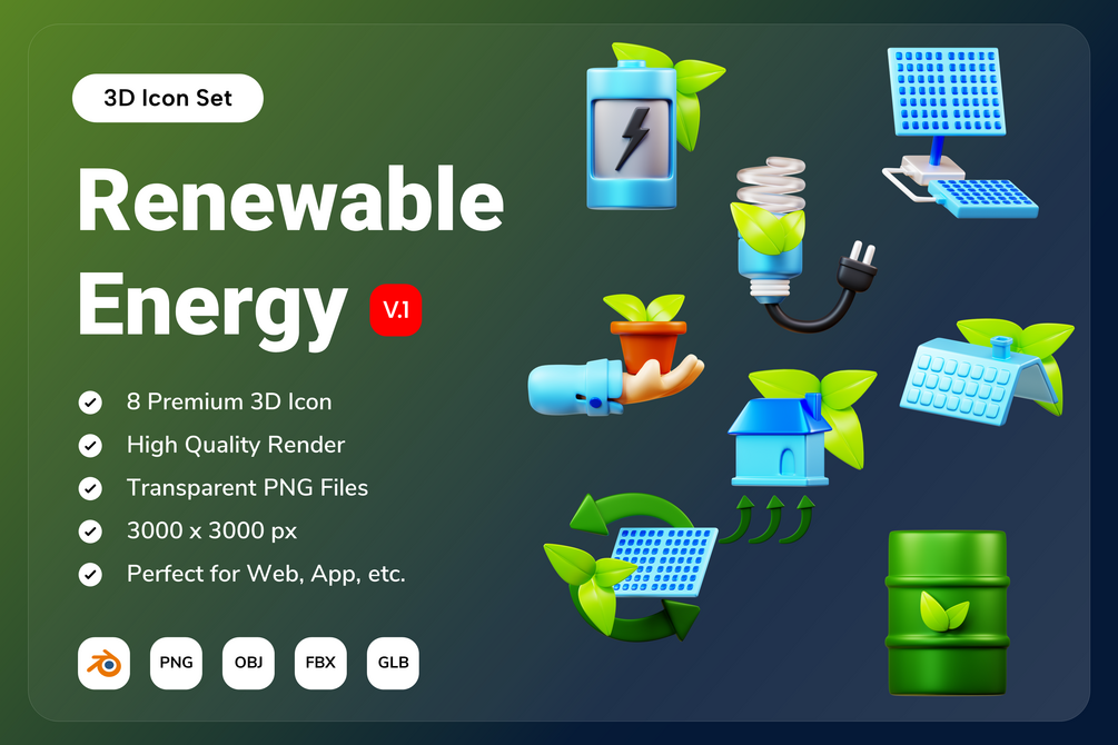Renewable Energy 3D Icon Set V1 [FREE]