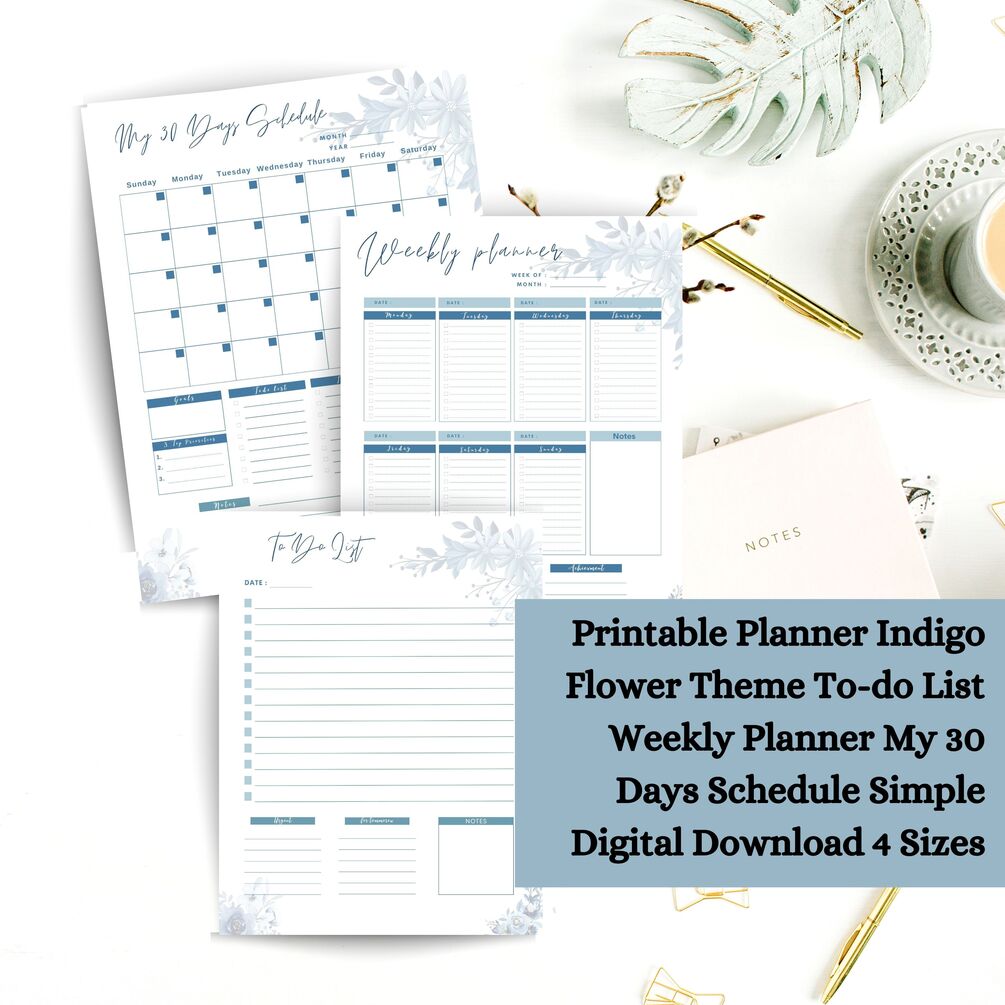 Printable Planner Indigo Flower Theme To-do List Weekly Planner My 30 ...