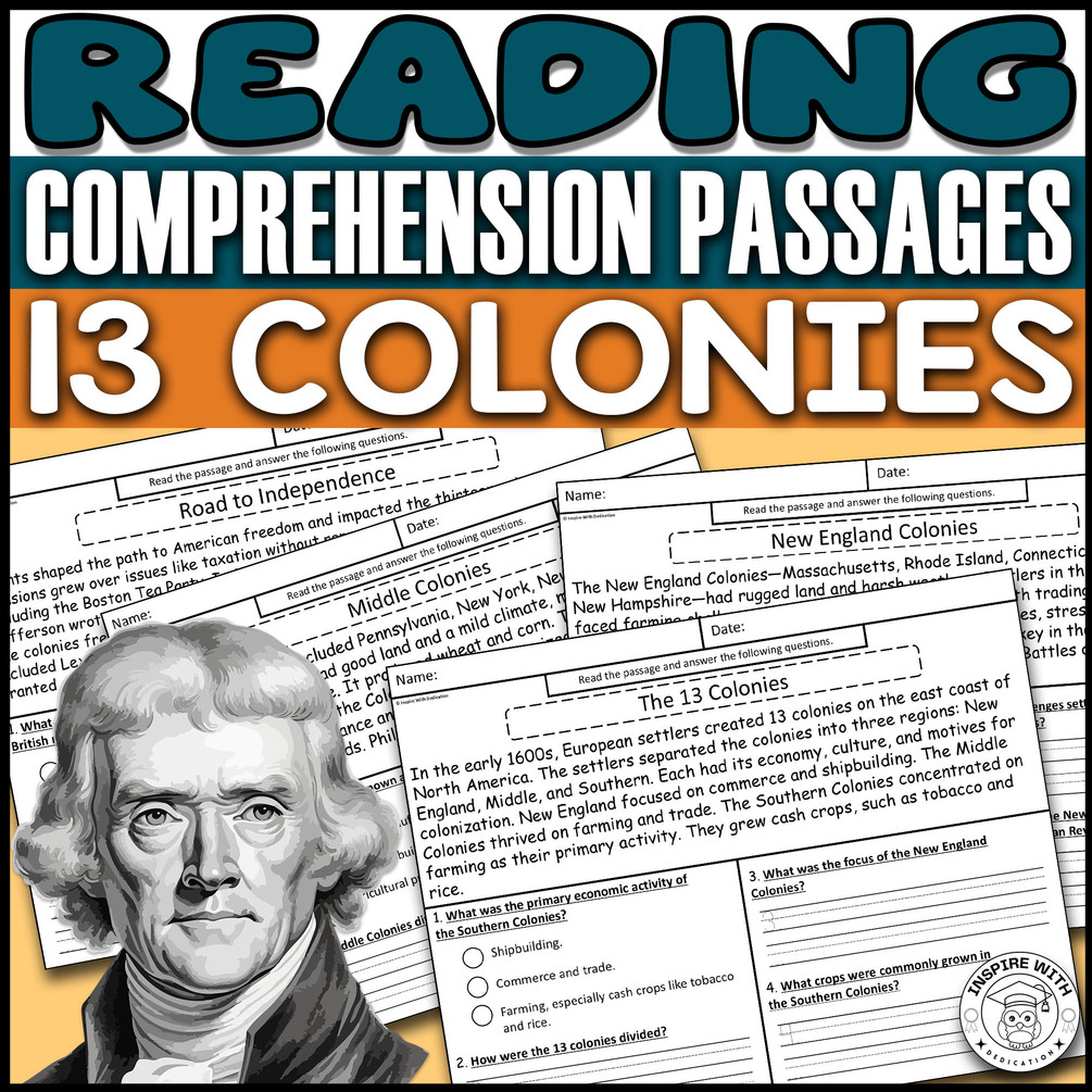 13 Colonies Reading Comprehension Passages and Questions | Grades 4-6