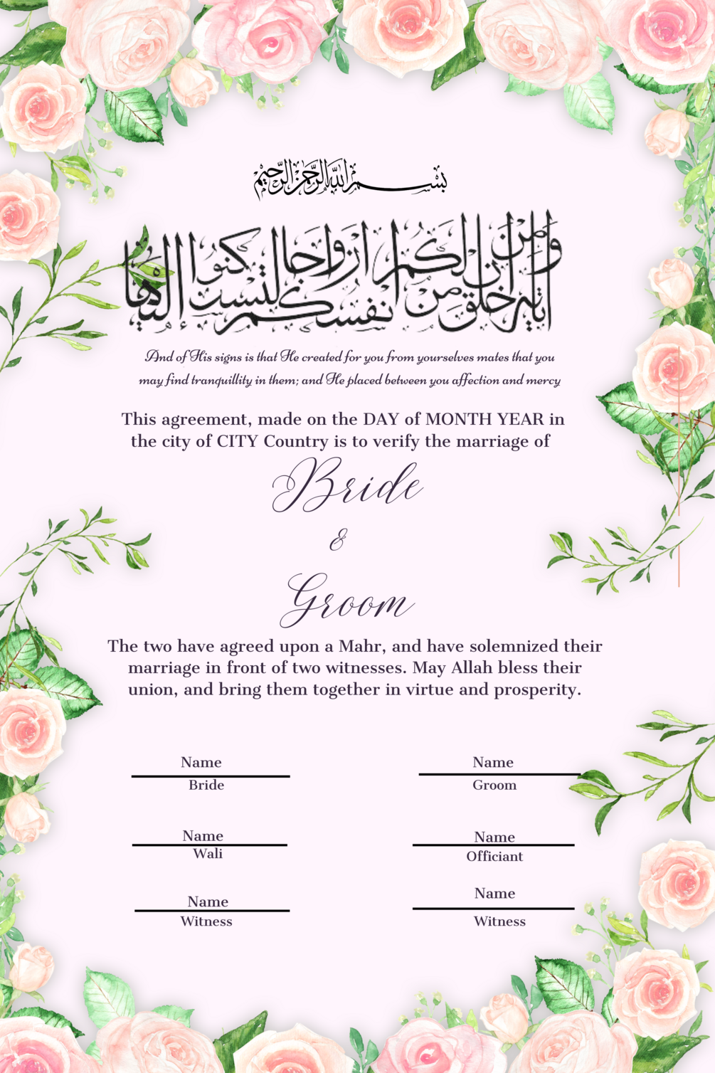 Rose border Nikah Contract