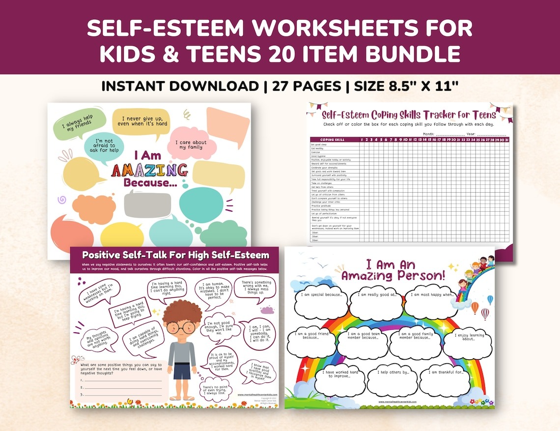 Self-Esteem Worksheets 20 Item Printable Bundle for Kids & Teens-Mental ...